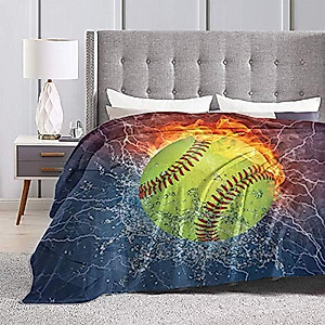 JASMODER Throw Blanket Softball On Fire and Water Soft Microfiber Lightweight Cozy Warm Blankets for Couch Bedroom Living Room