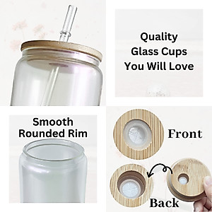 VASUK Iridescent Drinking Glasses with Bamboo Lids and Straw 2pcs Set - 16oz Beer Glasses with Lid and Straw, Can Shaped Drinking Glass, Iced Coffee Glasses, Tumbler Cup - 2 Lids and 2 Straws