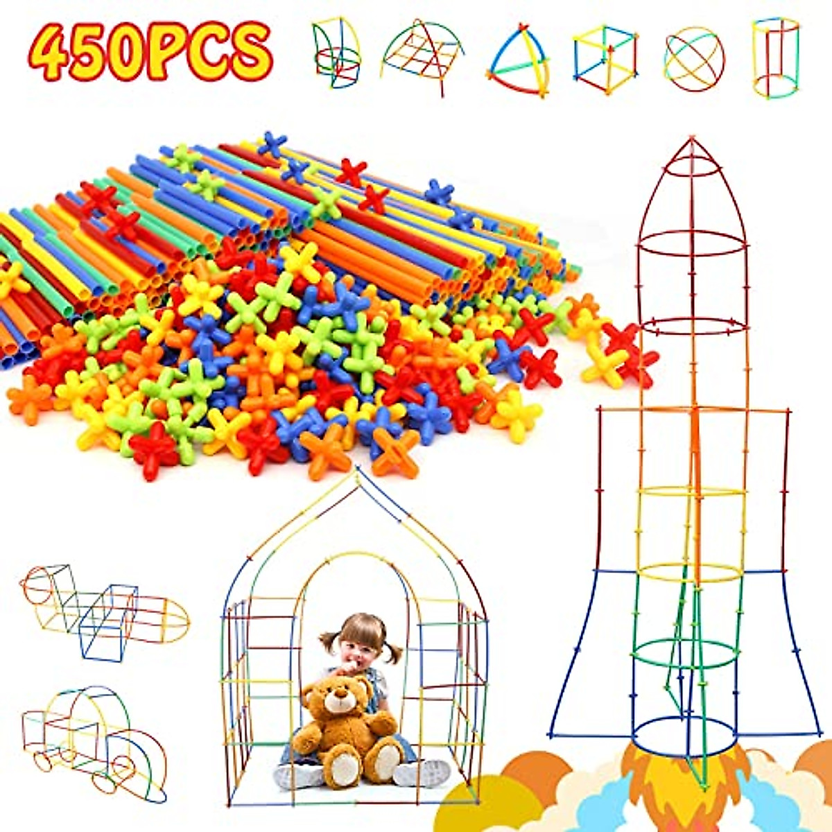 Creative Straw Toys 450Pcs STEM Building Toys Aged for 3 4 5 6 7+ Preschool Kids Constructor Toy Thin Tube Toy DIY Educational Toy Interlocking Plastic Engineering Toys Kit for Boys and Girls Gift