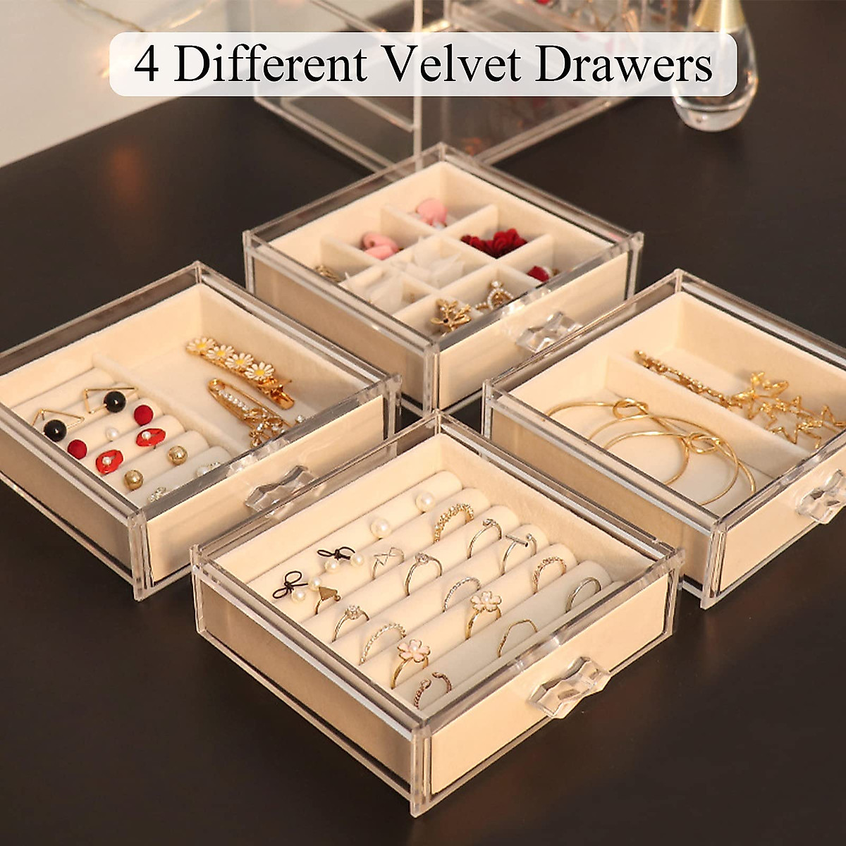 WMM Acrylic Jewelry Organizer Box, Clear Earring Jewelry Organizer Hanging Boxes with 4 Velvet Drawers, Birthday and Christmas Gift, Clear Acrylic Jewelry Box for Earrings Ring Bracelet Necklace