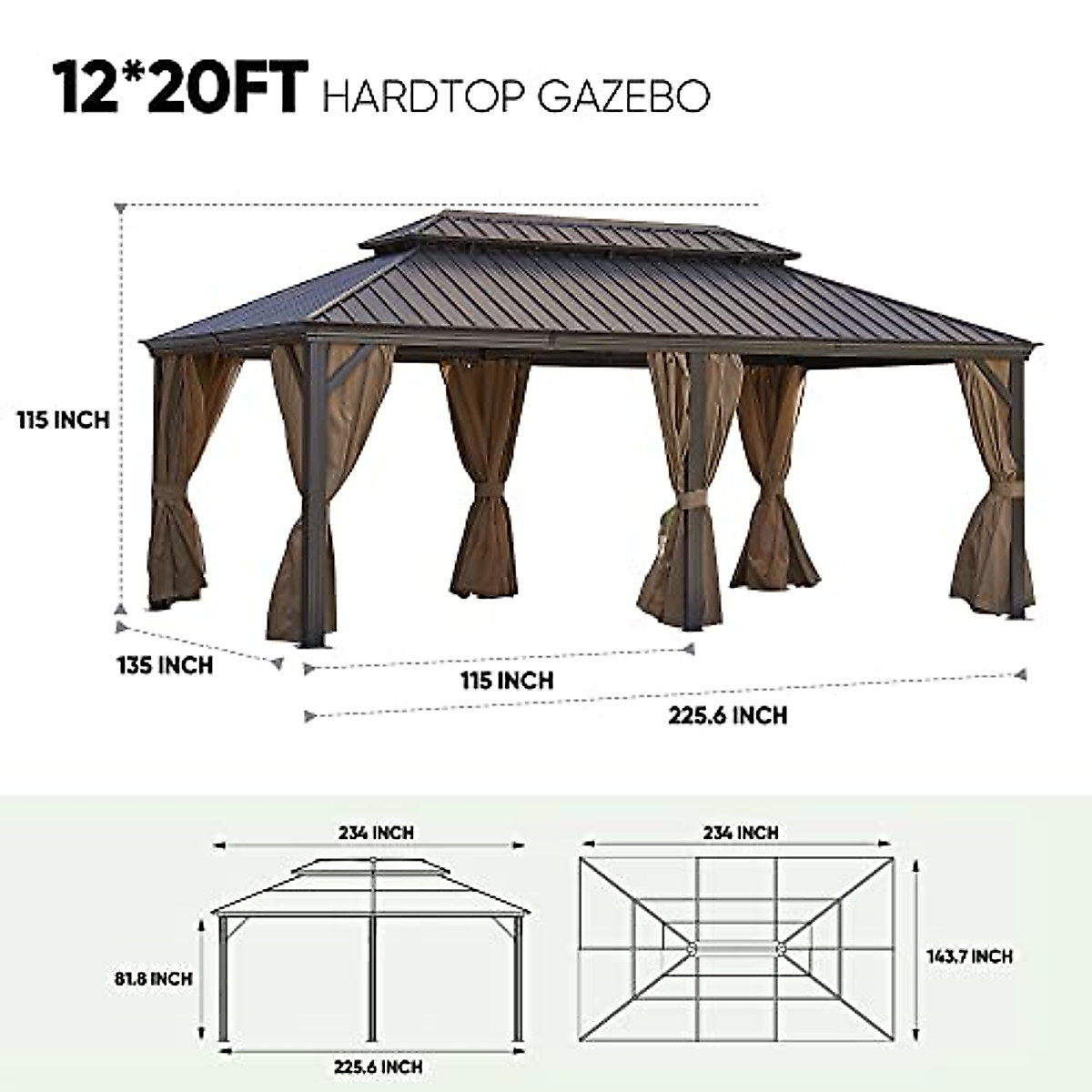DHPM 12 * 20 FT Hardtop Gazebo with Steel Outdoor Gazebo Canopy Double Vented Roof Pergolas Aluminum Frame with Curtains for Garden,Patio,Lawns,Parties