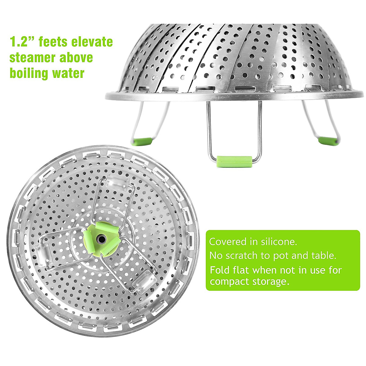 Consevisen Vegetable Steamer Basket for Cooking Food, Stainless Steel Veggie Steam Basket for Pot, Folding Expandable Steaming Insert with Extendable Handle Fits Various Size Pot, 6.4" to 10"