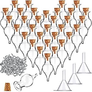 2 ml Mini Teardrop-shaped Glass Bottles Jars with Cork Stoppers with Eye Screws and 3 Small Funnels for Decoration, Art Crafts, DIY Projects, Party Favors (93 Pieces)