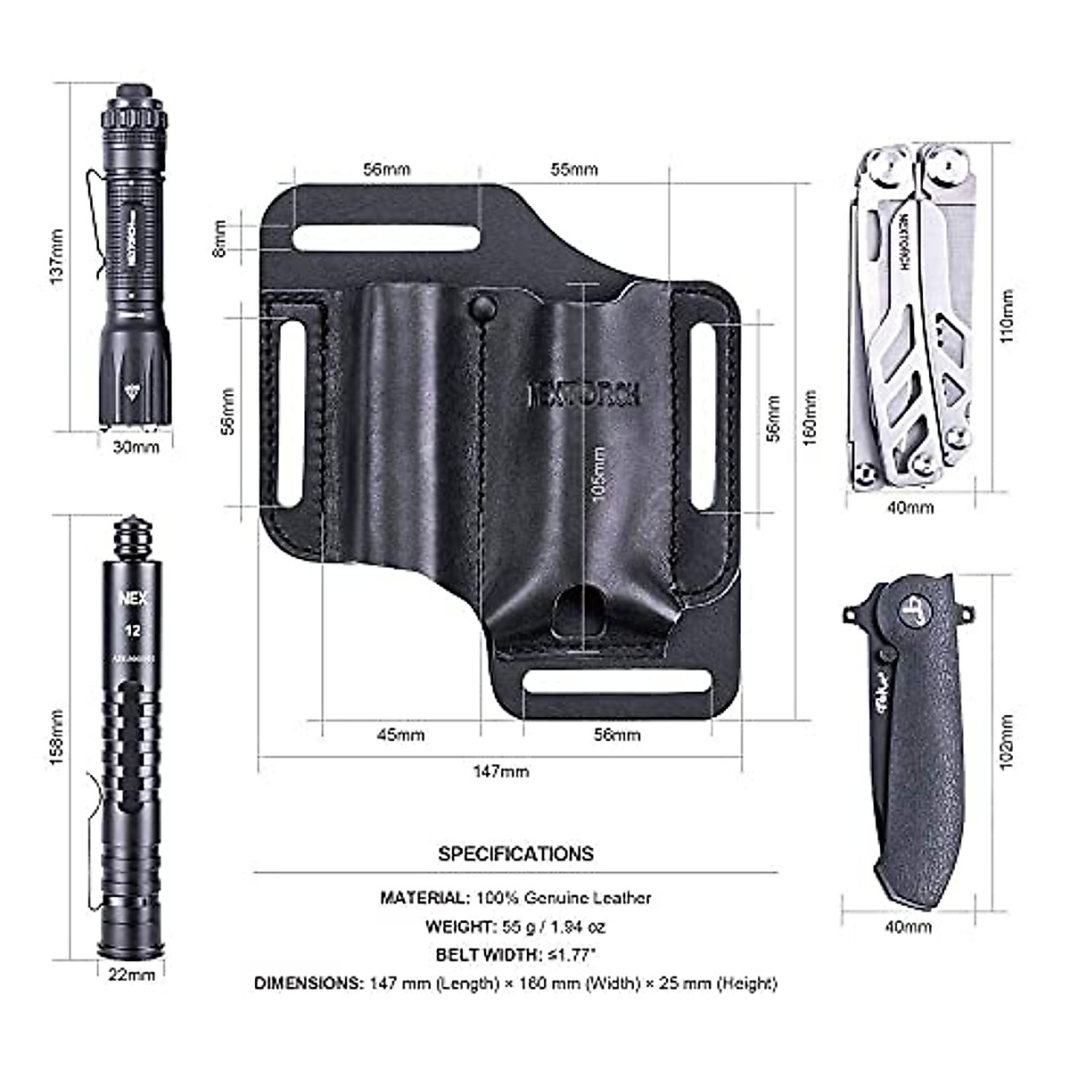 NEXTORCH EDC Leather Sheath, Multitools Sheath,Knife Belt Sheath/Leather Flashlight Holster/EDC Pocket Organizer Sheath for men, FLashlight Sheath for Knives/Flashlights/Tactical Pens/Tools