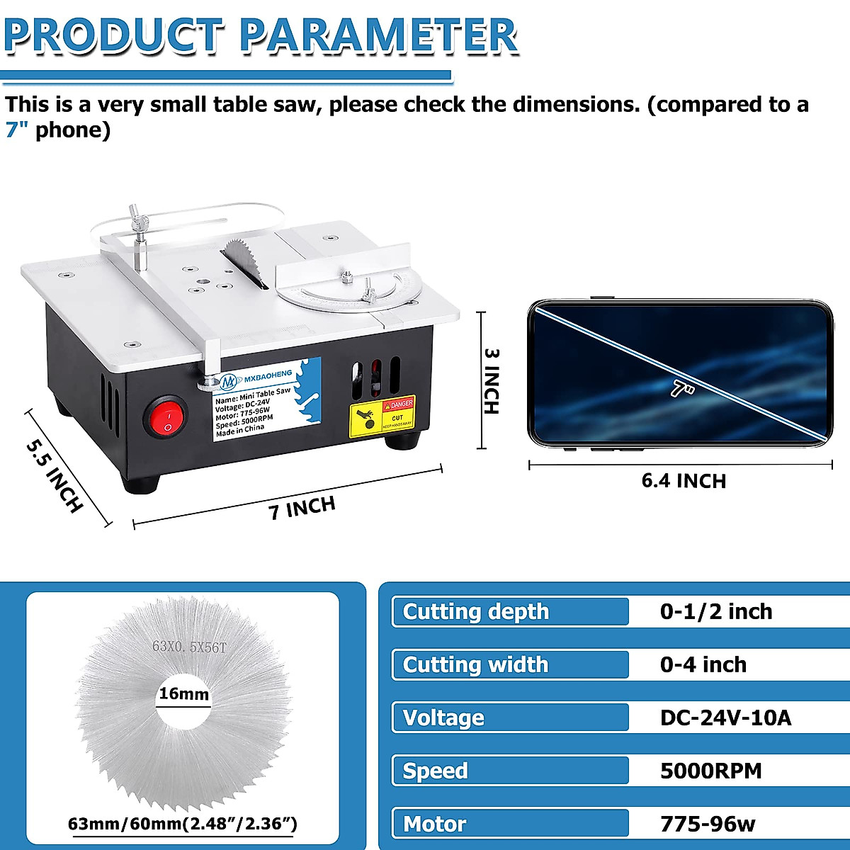 MXBAOHENG Mini Table Saw S3 Portable Precision Craft Table Saw, 1/2" Adjustable Cut Depth, Seven Speed Adjustable Power Supply, Small Hobby Table Saw for Miniature Wood Craft Cutting