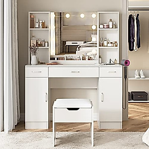 Makeup Vanity Table with Lighted Mirror & Power Strip, Large Vanity Set Vanity Desk with Lots Storage, 3 Lighting Modes, Brightness Adjustable, 45.2in(L)