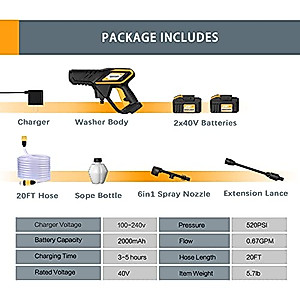 40V Cordless Pressure Washer, 2pcs Batteries Portable Power Washer 520 PSI, 6-in-1 Nozzle, for Cars,Bicycle,Garden,Outdoors Cleaning