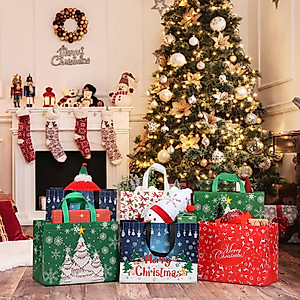 YANGTE 16 Pack Large Christmas Gift Bags with Tissue Paper, Bulk Reusable Christmas Tote Bags with Handles for Grocery Shopping Totes Xmas Event Party, 12.6" x 9.8" x 6.7"