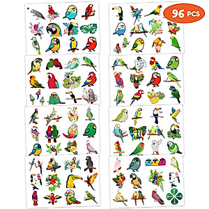 8 Sheets (96PCS) Parrot Bird Temporary Tattoo Stickers Tropical Themed Birthday Party Decorations Supplies Favors For Kids Boys Girls Gifts Classroom School Prizes Rewards