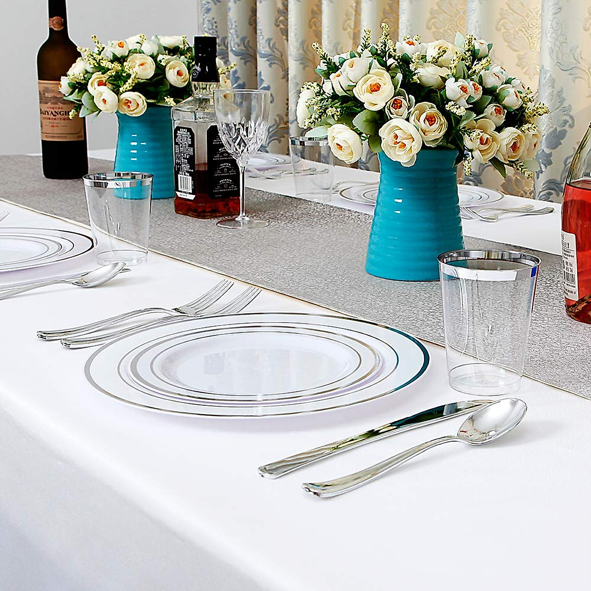 I00000 102pcs Silver Plastic Plates, Disposable Plastic Party Plates with White Silver Rim Fancy Wedding Party Plates Include 51 Dinner Plates 10.25" and 51 Dessert Appetizer Plates 7.5"