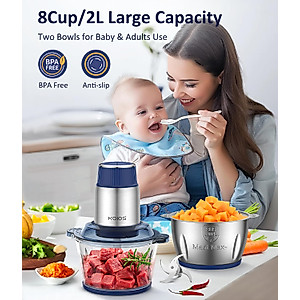 KOIOS Small Food Processor with 2 Bowls (8 Cup+8 Cup) & 2 Sets Bi-level Blade, 2L Electric Food Chopper Meat Grinder for Meat/Vegetable/Fruits/Nuts/Baby Food, 500W, 2 Speed Modes