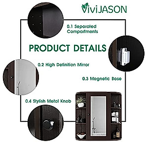 VIVIJASON Bathroom Wall Mounted Cabinet - Over The Toilet Space Saver Storage Cabinet - Medicine Storage Organizer - Bathroom Hanging Cupboard with Mirror Single Door and 2 Adjustable Shelves (Coffee)