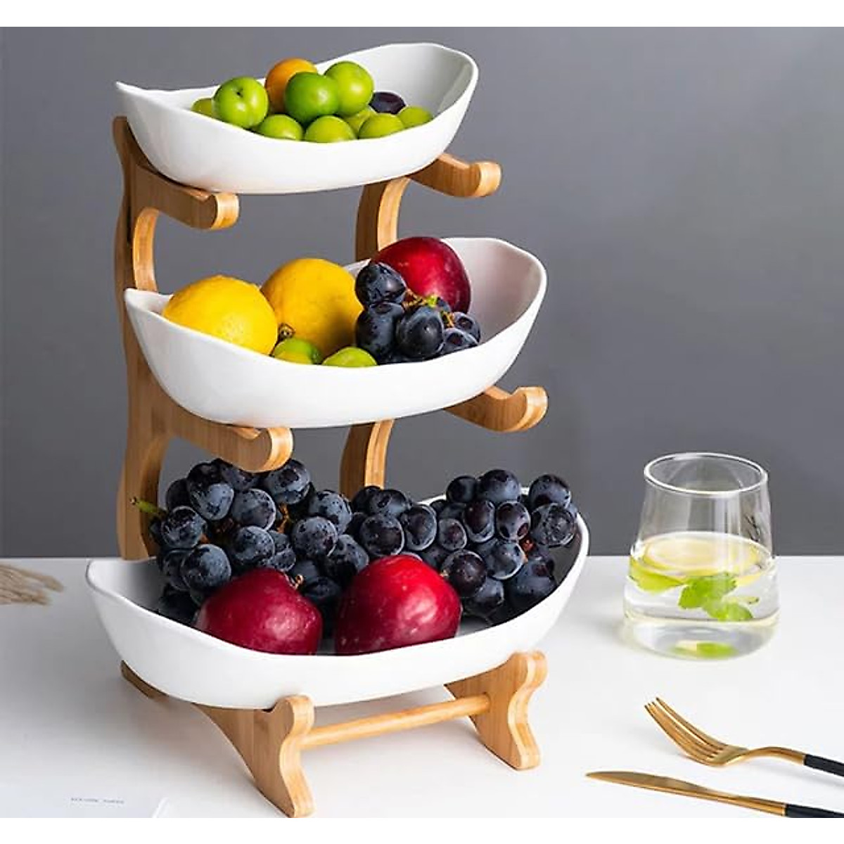 YYW 3 Tier Fruit Basket, White Ceramic Fruit Bowl for Kitchen Counter, Home Fruit Bowl Set with Holder, Fruit Serving Tray Snacks Nuts Bread Candy Storage Holder (White)
