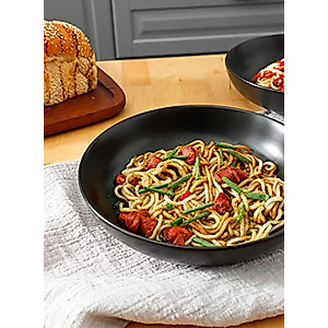 Teocera Pasta Bowls, Large Salad Bowls, Porcelain Bowl Set, Wide and Shallow, Microwave and Dishwasher Safe, 35 Ounce - Set of 4, Matte Black