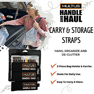 MULTUS Hand or Hands Free Grocery Bag Carrier 3 Pack - Carry Hook and Loop Strap, Plastic Bag Holder and Storage Hanger, All-Purpose Organizer