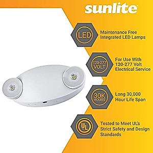 Sunlite 05269-SU Compact LED Emergency Light Fixture, 2 Watts, 120-277 Volt, Dual Heads, 90-Minute Battery Backup, Wall or Ceiling Mount, IP20, UL Listed, White