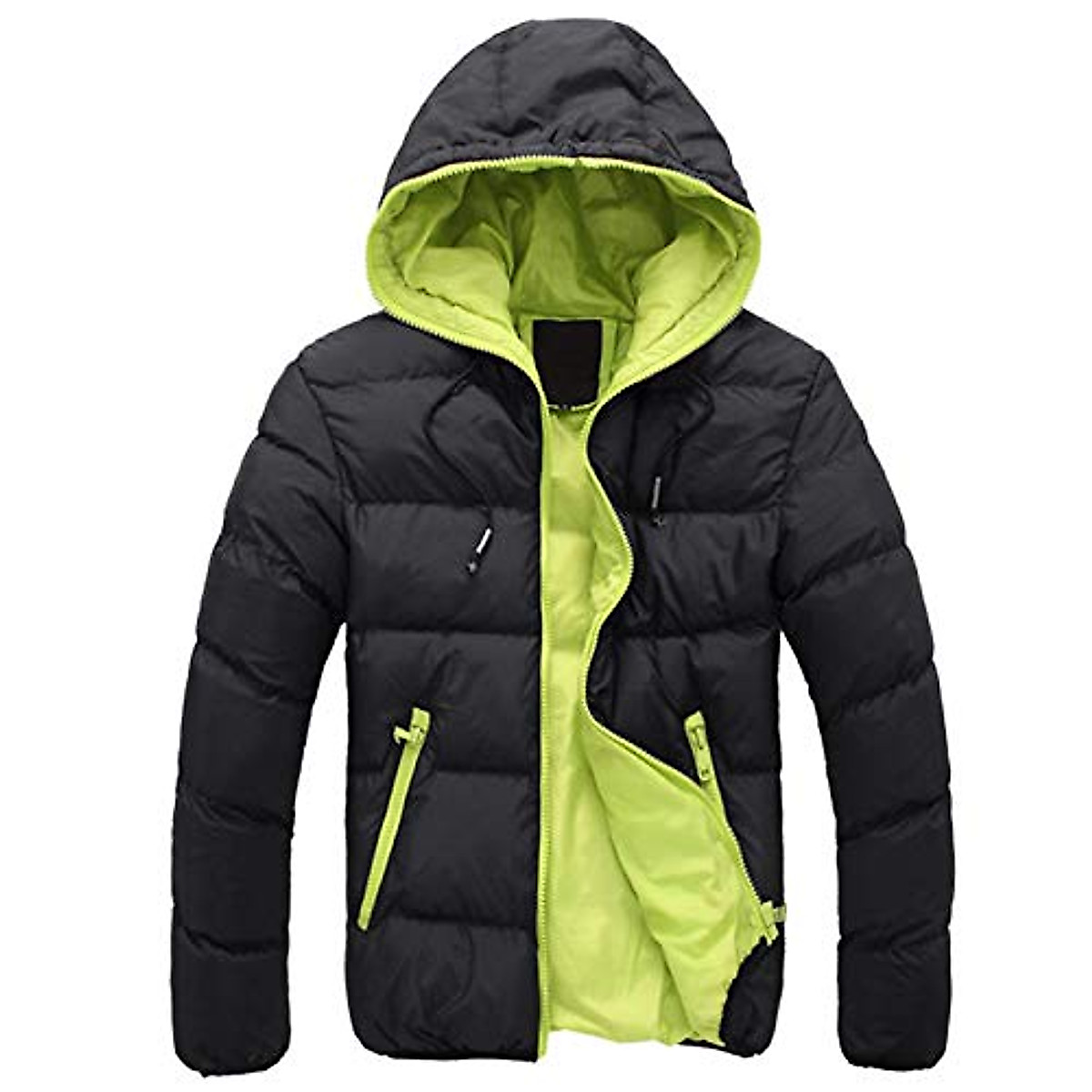 Men's Winter Casual Color Collision Zipper Pockets Cotton-Padded Hooded Jacket Coat Block Quilted Puffer Outerwear Black