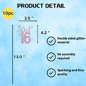10-Pack Glitter Gold Double Sided Sweet 16 Birthday Anniversary Centerpiece Sticks, Number 16 Table Cake Topper for Sweet 16 Birthday Table Party Decorations (sweet 16) (rose gold)