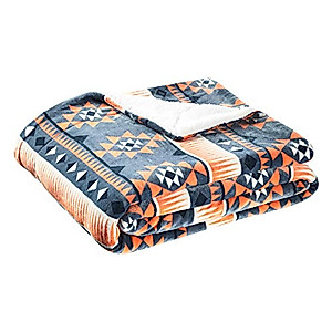 Amazon Basics Ultra-Soft Micromink Sherpa Blanket, Throw, Spa Blue Aztec Stripe