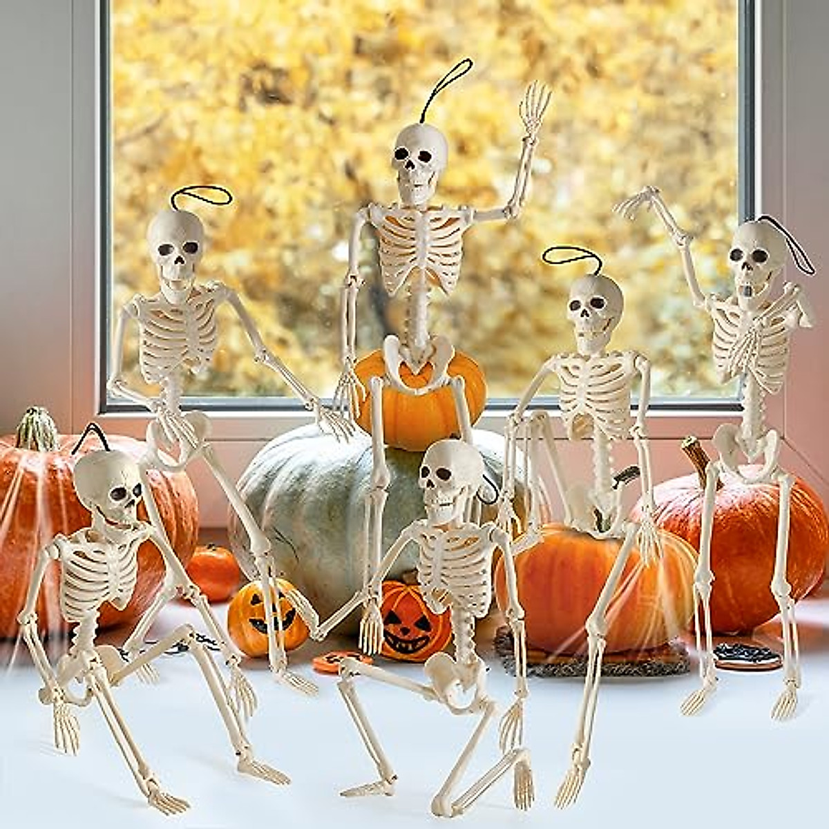 Bstoyder 6 PCS Halloween Skeletons Decorations, 16" Full Body Posable Joints Hanging Skeletons, Spooky Skeleton Plastic Bones for Halloween Indoor Outdoor Decor, Party Props, Graveyard, Haunted House