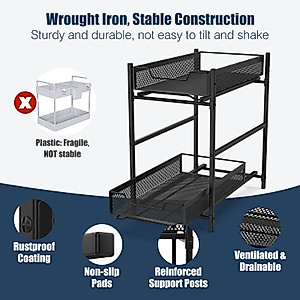 Housolution Under Sink Organizer and Storage, 2 Tier Metal Slide Out Under Cabinet Organizer with Stoppable Drawer, Height Adjustable Under Sink Shelf for Kitchen and Bathroom, Black
