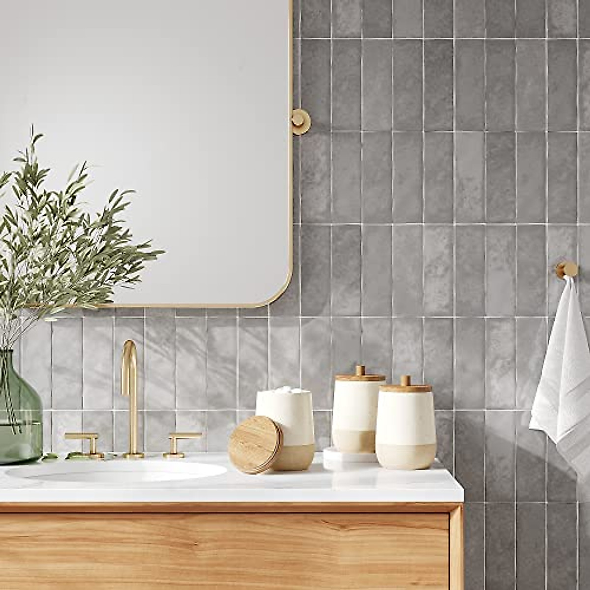 Barnyard Designs S/3 Ceramic Bathroom Canisters, Apothecary Jars with Lid, Qtip Holder Bathroom Set Cotton Ball Holder Jar for Bathroom Storage, Decorative Bathroom Jar with Lid, Spa Decor, 4.75x6, Beige