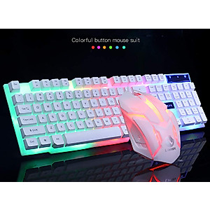 Baishitop GT300 Colorful LED Illuminated Backlit USB Wired PC Rainbow Gaming Keyboard Mouse Set White (H)