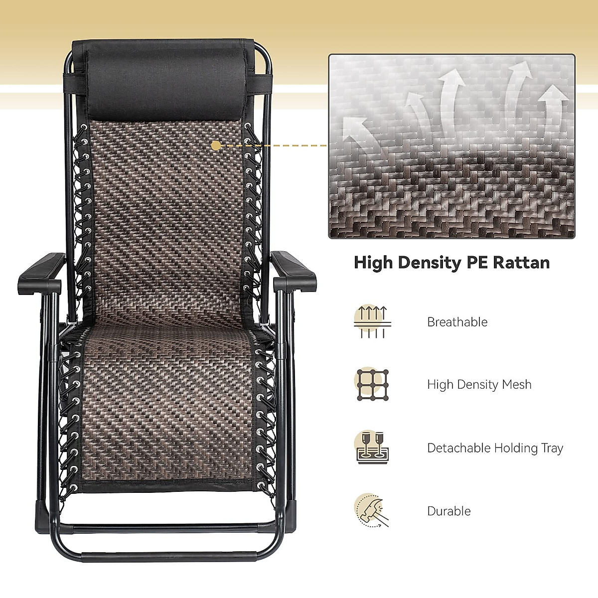 Incbruce Zero Gravity Folding Recliner Chair, Adjustable Patio Lounge Chaise, Outdoor Wicker Rattan Furniture with Cup Holder and Pillow for Poolside, Yard, Beach (Gradient Brown)