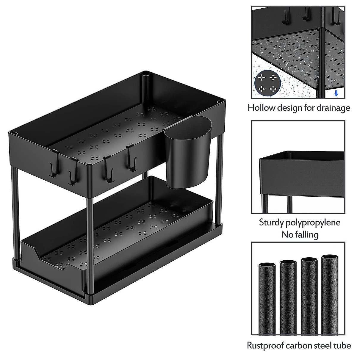 Puricon 2 Pack Under Sink Organizers and Storage Pull Out Sliding Drawer, 2 Tier Multi-purpose Kitchen Under the Sink Organizer Under Bathroom Sink Shelf Storage Rack for Countertop Laundry -Black