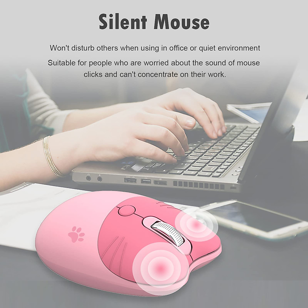 Lomiluskr Cute Cat Wireless Mouse, Lightweight Soundless Mouse, 2.4G Wireless Mice, Candy Colors, Kawaii Mouse for Girls and Kids (Pink)