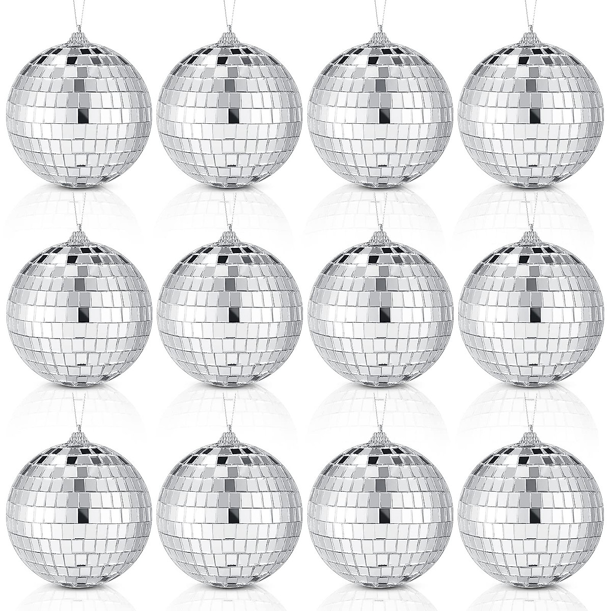 12 Pack 4 Inches Disco Light Mirror Ball Large Silver Hanging Disco Ball with Hanging Ring Disco Ball Party Decorations for Party Retro Home Bands Decorations, New Years Celebration