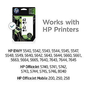 HP 62 | 2 Ink Cartridges | Black | Works with HP ENVY 5500 Series, 5600 Series, 7600 Series, HP OfficeJet 200, 250, 258, 5700 Series, 8040 | C2P04AN