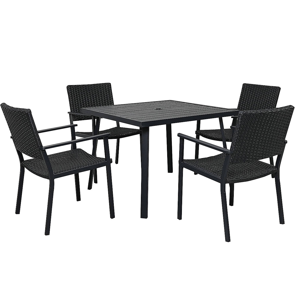Outdoor Patio PE Wicker 5-Piece Dining Table Set with Umbrella Hole Garden