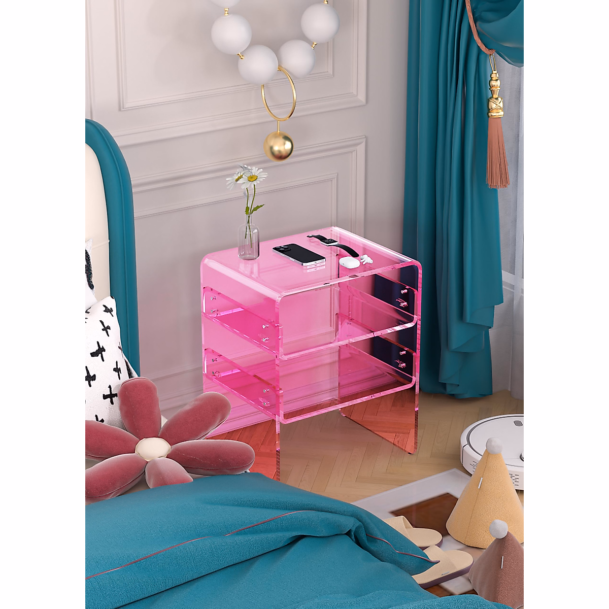 Clear Acrylic 3-Tier End Table/Nightstand – Sleek Bedside Storage with Durable Design, Perfect for Bedrooms, Living Rooms, or Modern Interiors – Ideal as a Bedside Table or Sofa Side Piece (Pink)