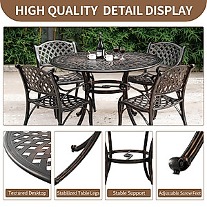 PATIO-IN 48" Patio Table Outdoor Dining Table Round Patio Bistro Table Cast Aluminum Bistro Table with Umbrella Hole,Patio Dining Table Outdoor Furniture Garden Table for 4-6 People,Bronze