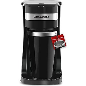 Elite Gourmet EHC113 Personal Single-Serve Compact Coffee Maker Brewer Includes 14Oz. Stainless Steel Interior Thermal Travel Mug, Compatible with Coffee Grounds, Reusable Filter, Black