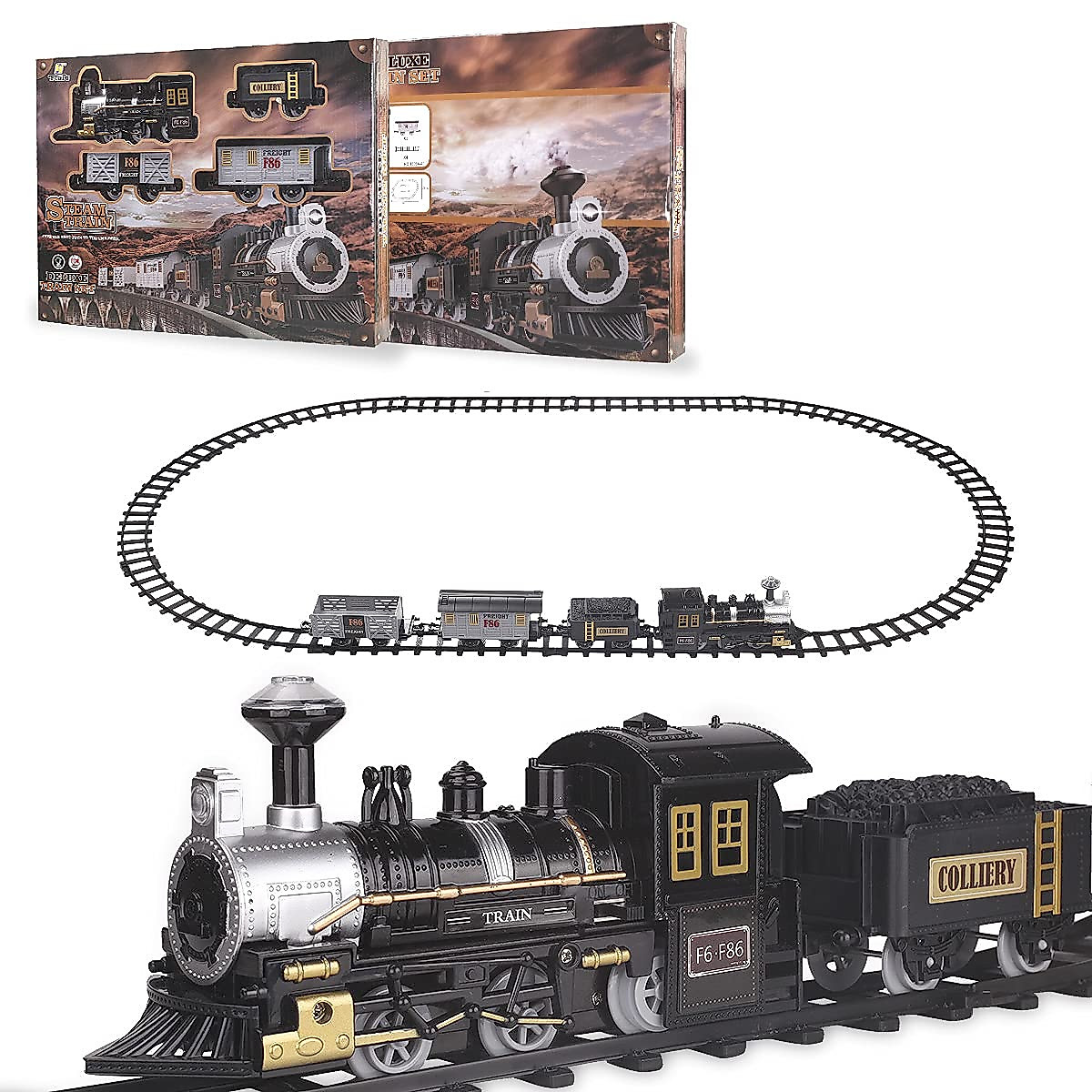 LEYI Classic Train Set Toys with Sound and Light Round Tracks Railway for Under Christmas Tree Battery Operated Train Toys Christmas Birthday Gifts for Boys and Girls 4 Cars 10 Tracks