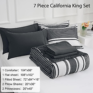 PHF 7 Pieces California King Comforter Set, Striped Bed in A Bag, Charcoal Grey White Bedding & 18" Deep Pocket All Season, Ultra Soft Bedding Sets with Comforter, Sheets, Pillowcases & Shams