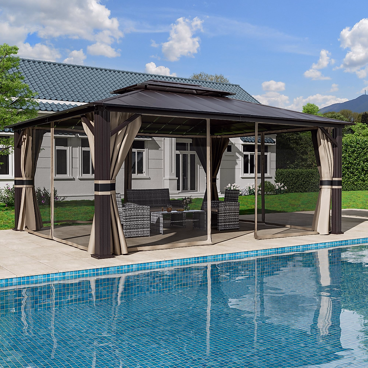 Amopatio 12' X 14' Hardtop Gazebo Permanent Aluminum Gazebos with Galvanized Steel Double Roof for Patio Lawn and Garden，with Curtains & Mosquito Netting