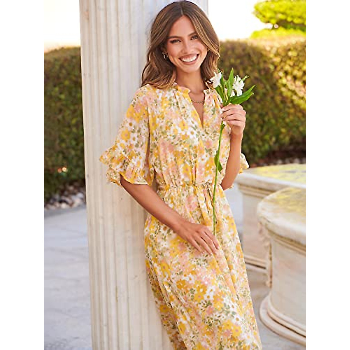 ANRABESS Women's Summer Ruffle Maxi Dress Floral Print 3/4 Bell Sleeve V Neck High Waist Flowy Boho Long Dress 746fenhuang-XL