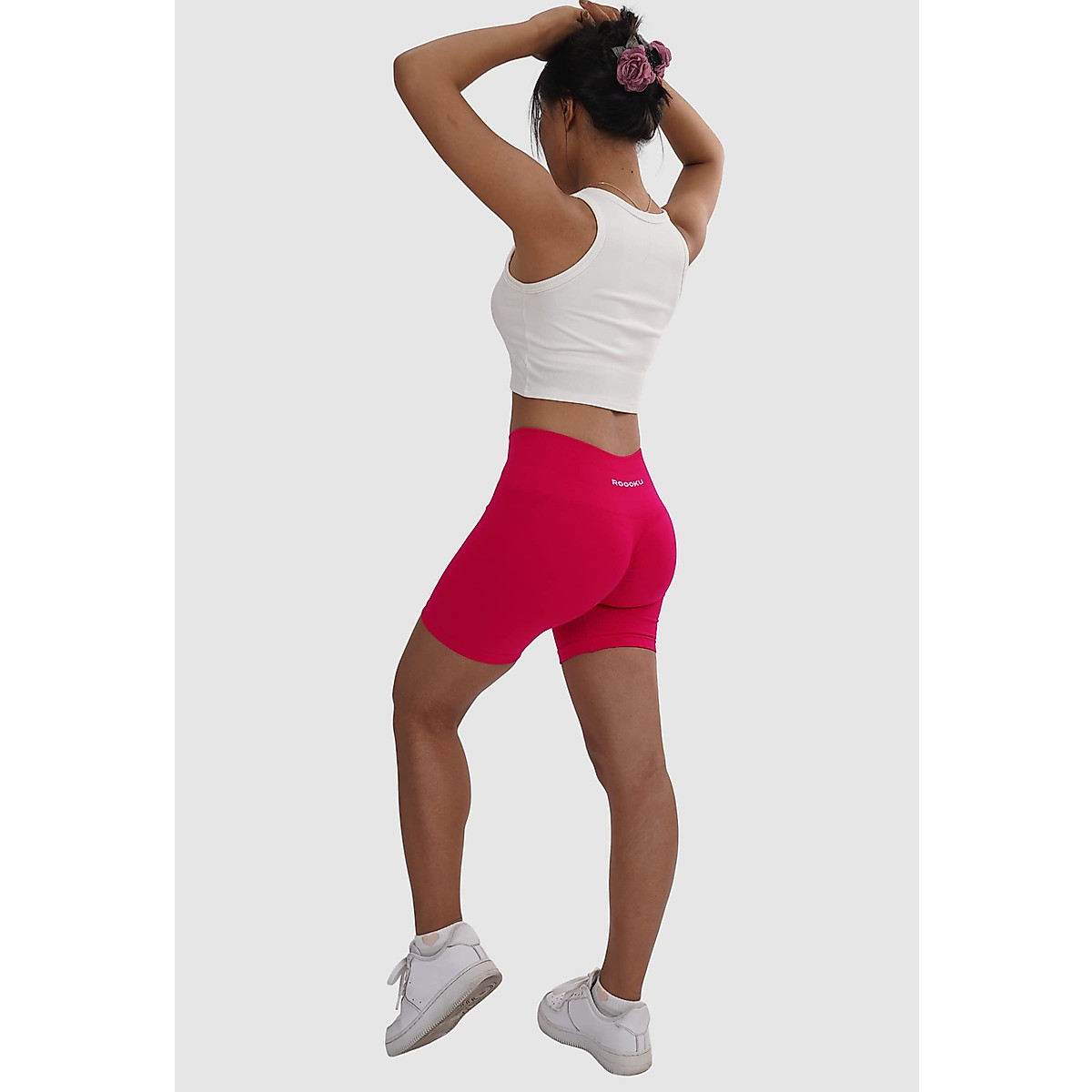 ROOOKU Uplift Gym Shorts for Women Seamless Scrunch Butt Lifting Workout Booty High Waisted Compression Yoga Shorts (Pink,L)