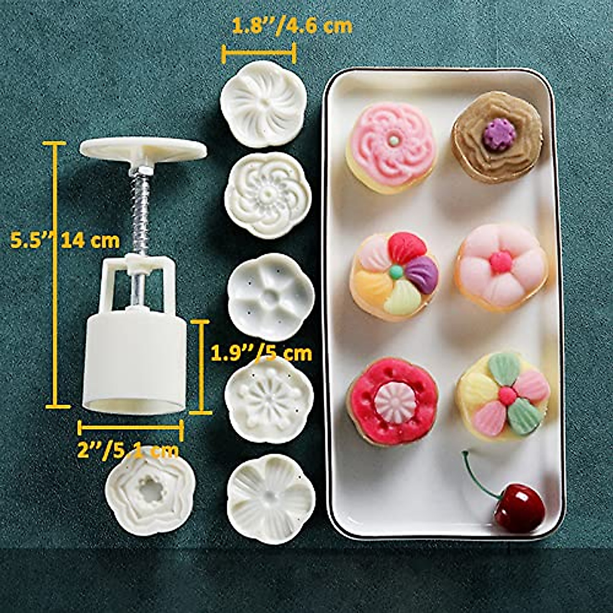 Mooncake Molds Set, Mid-Autumn Festival Hand-Pressure Moon Cake maker 6 pcs for baking, DIY Hand Press Cookie Stamps Pastry Tool(1 Mold, 6 Stamps). (50G)