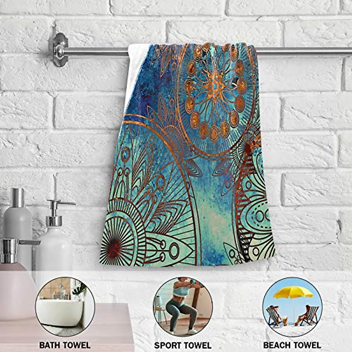 Oyihfvs Damask with Circles Flowers in Blue, Orange and Gold 2 Pieces Face Towel, Highly Absorbent Cotton Dish Hand Towels, Soft Washcloth for Spa Bathroom Hotel Kitchen Beach Gym Yoga