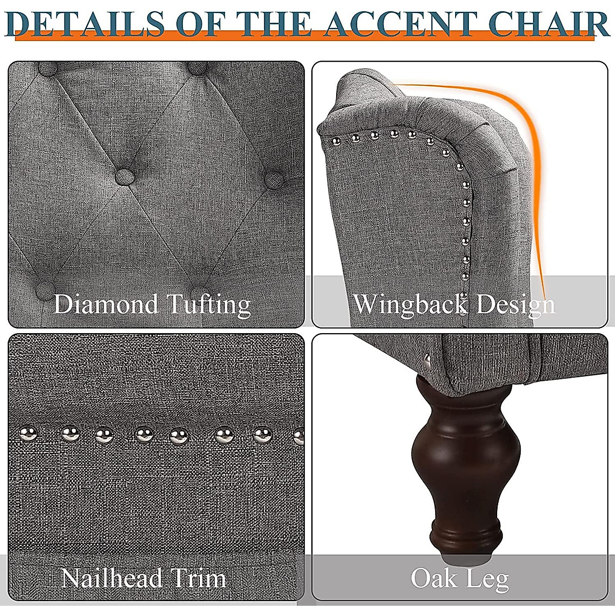 OQQOEE Wingback Recliner Chair Set of 2 with Massage & Heat Vibration, Fabric Push Back Accent Chairs Diamond Tufted Reclining Armchair for Living Room, Bedroom (Fabric, Grey*2)