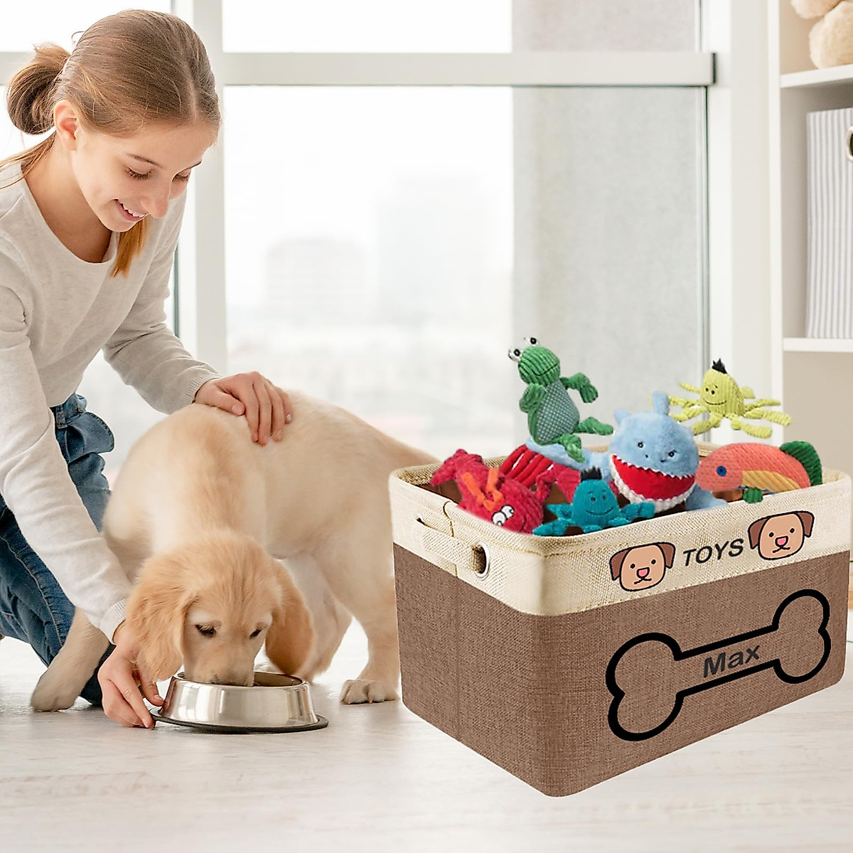 JCYIF Personalized Dog Toy Basket Custom Dog Toy Box with Pet's Name Dog Storage Organizer Collapsible Cute Basket with Handles-Dog