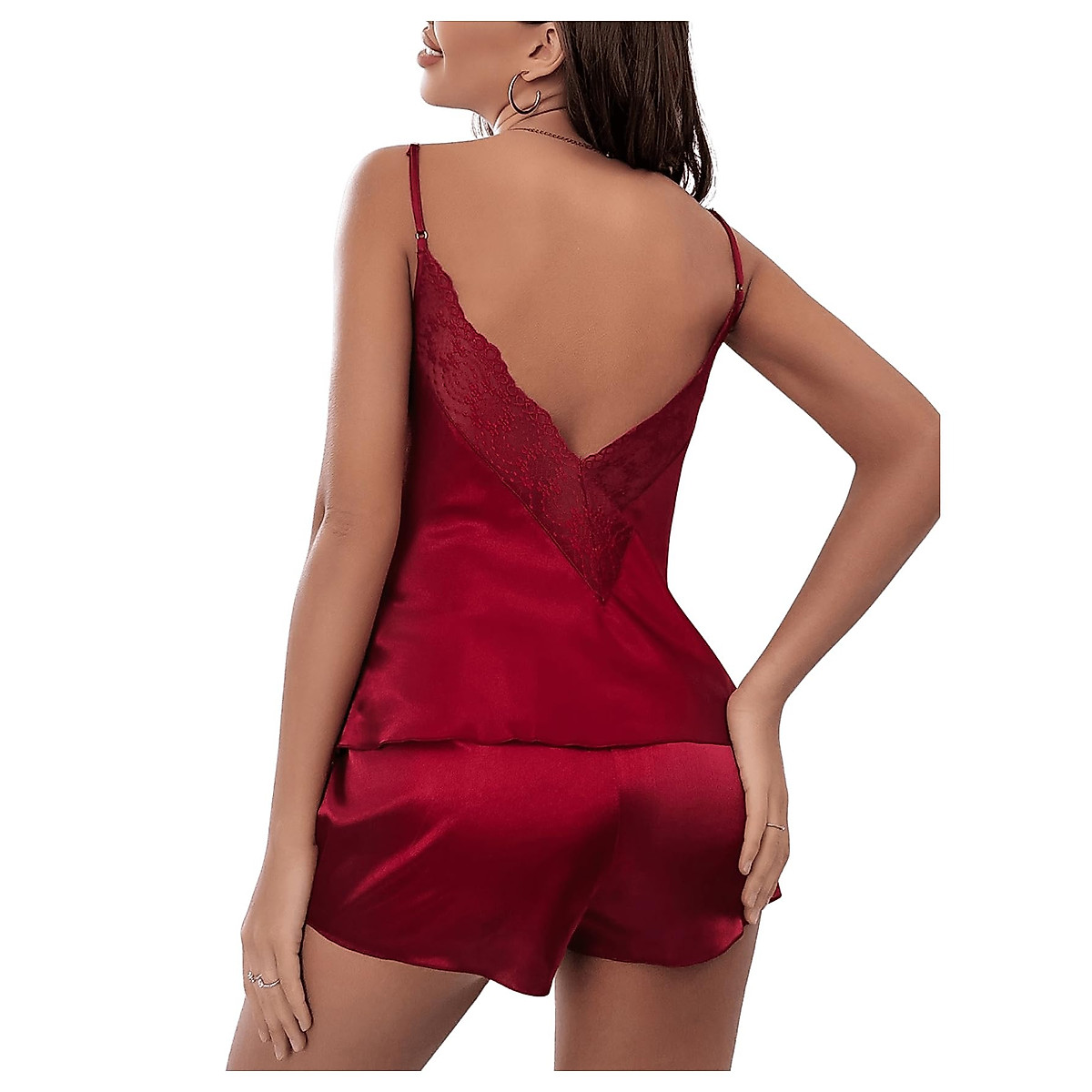 OYOANGLE Women's Satin Silk Mesh Lace Deep V Neck Sleepwear Cami Top and Shorts 2 Piece Pajamas Set Nightwear Pjs Burgundy L