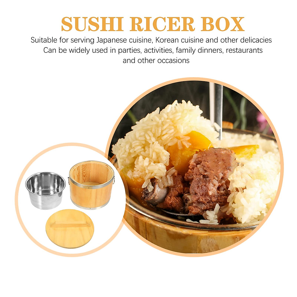 Hemoton Sushi Rice Cooling Bowl Wooden Rice Bucket Wooden Hangiri Sushi Rice Mixing Tub with Lid Stainless Steel Rice Warmer Japanese Rice Cooking Tub