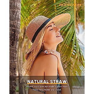 Womens Wide Brim Straw Sun Hat UV Protection UPF50 Foldable Beach Hat Floppy Packbale Summer Hat Travel(Khaki)