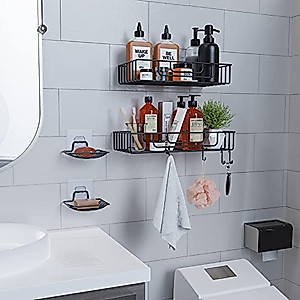 Shower Caddy Organizer Shelf 2 Pack with 2 Soap Holders, Adhesive Wall Mount Shower Basket Shelves with Hooks, No Drilling, Rustproof 304 Stainless Steel Storage Rack for Bathroom Kitchen, Black