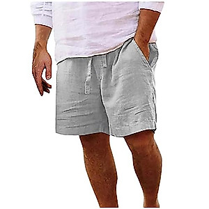Cotton Linen Elastic Waistband Big & Tall Plus Sized Mens Beach Shorts Bodybuilding Hiking Shorts Grey